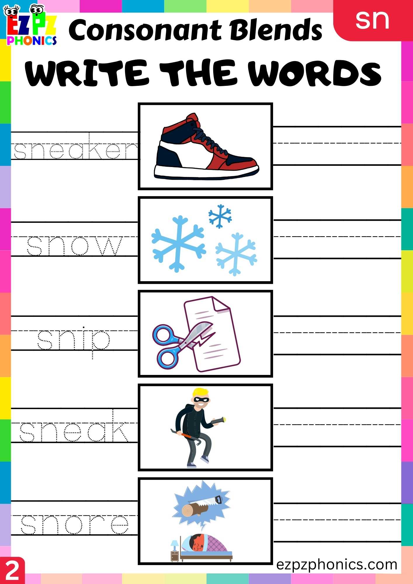 Group2 Sn Words Write The Words Phonics Consonant Blends Worksheet